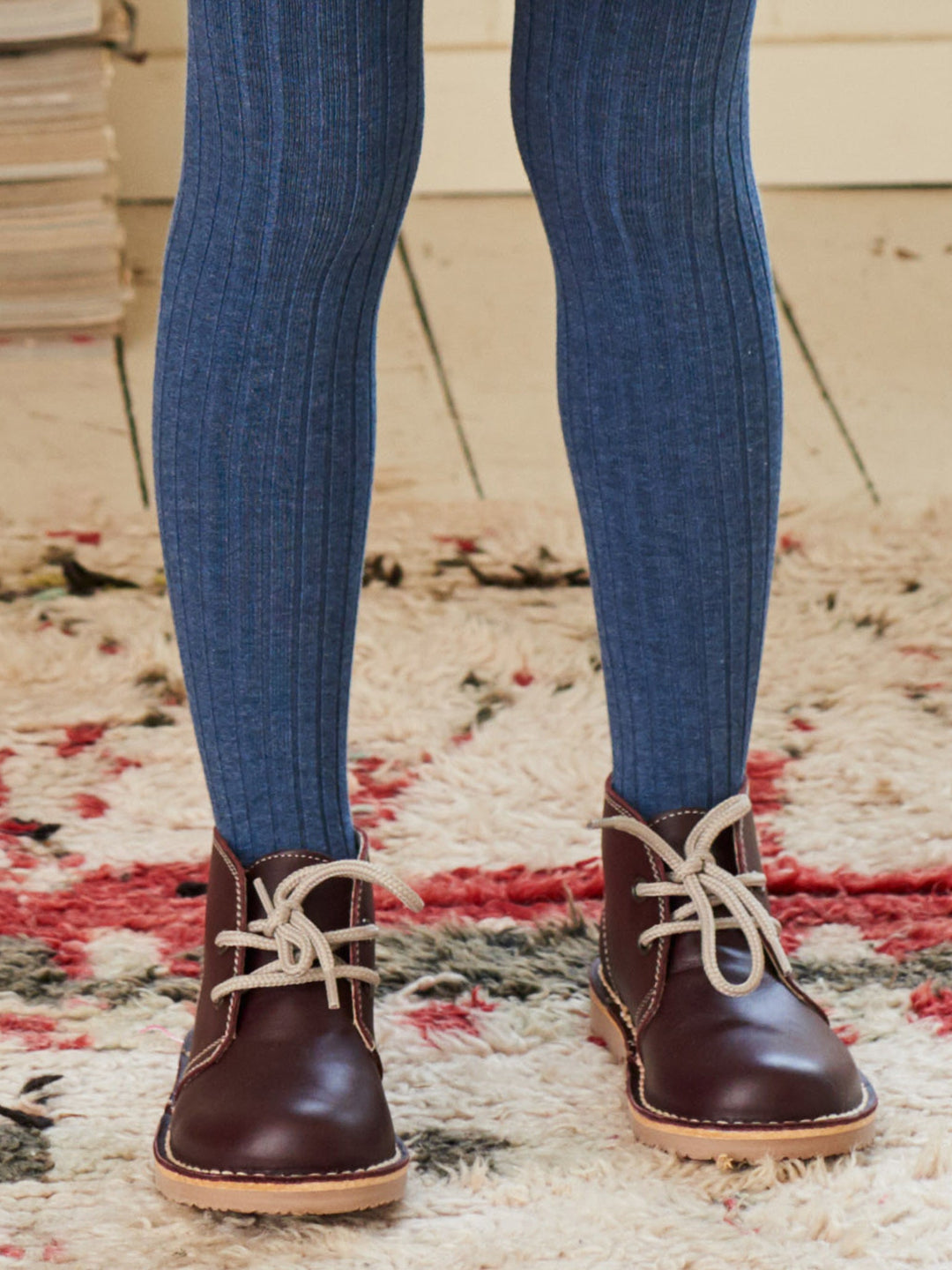 Dusty Blue Ribbed Kids Tights | La Coqueta Kids US