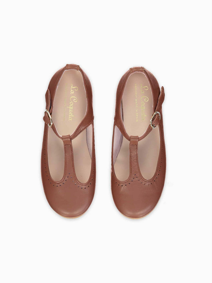 Dark Tan Leather Girl T-Bar Shoes | Classic Girls T-Bar Footwear US ...