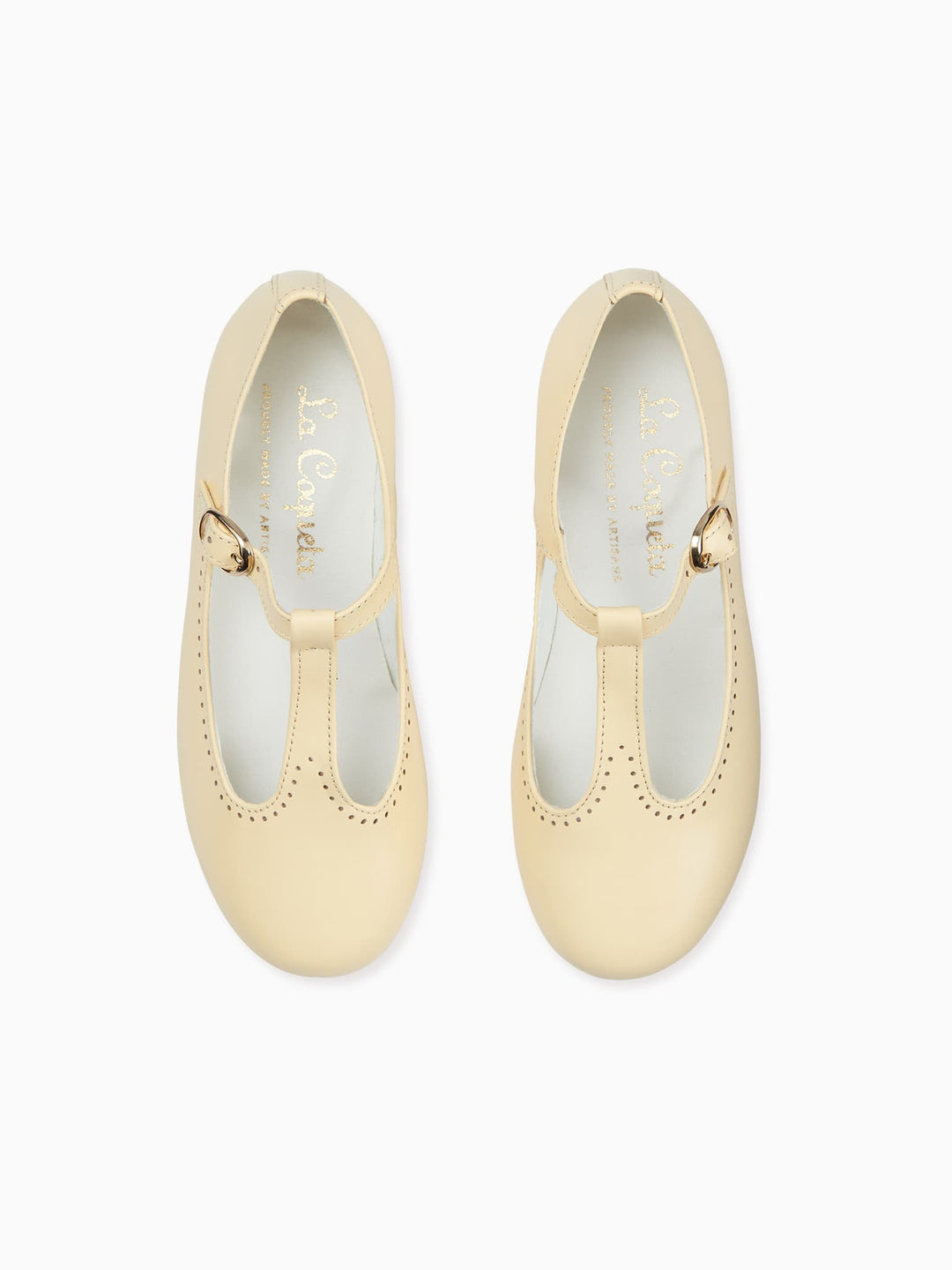 Pale Yellow Leather Girl T-Bar Shoes | La Coqueta Kids UK