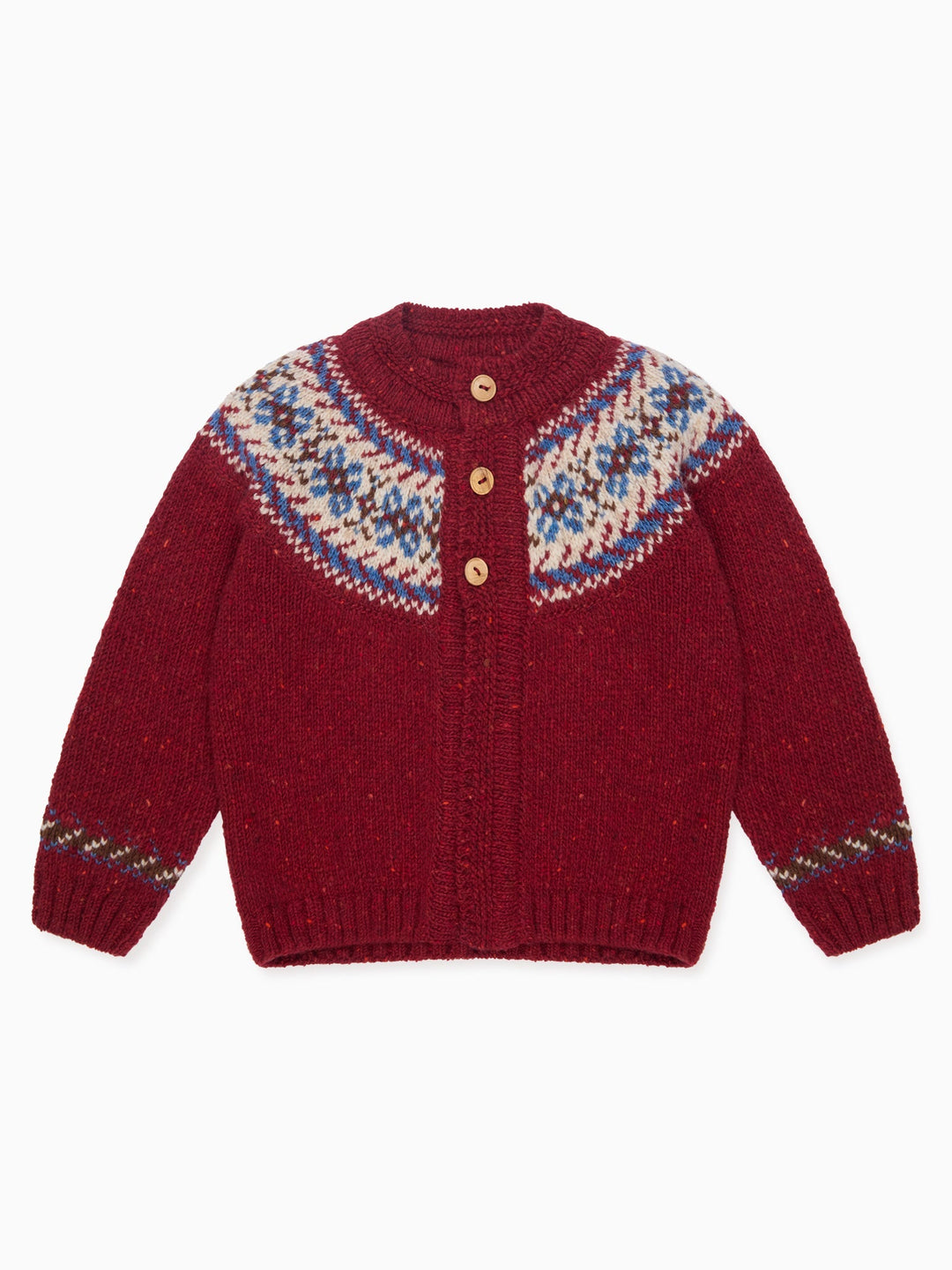 Dark Red Merino Fair Isle Baby Cardigan | La Coqueta Kids UK