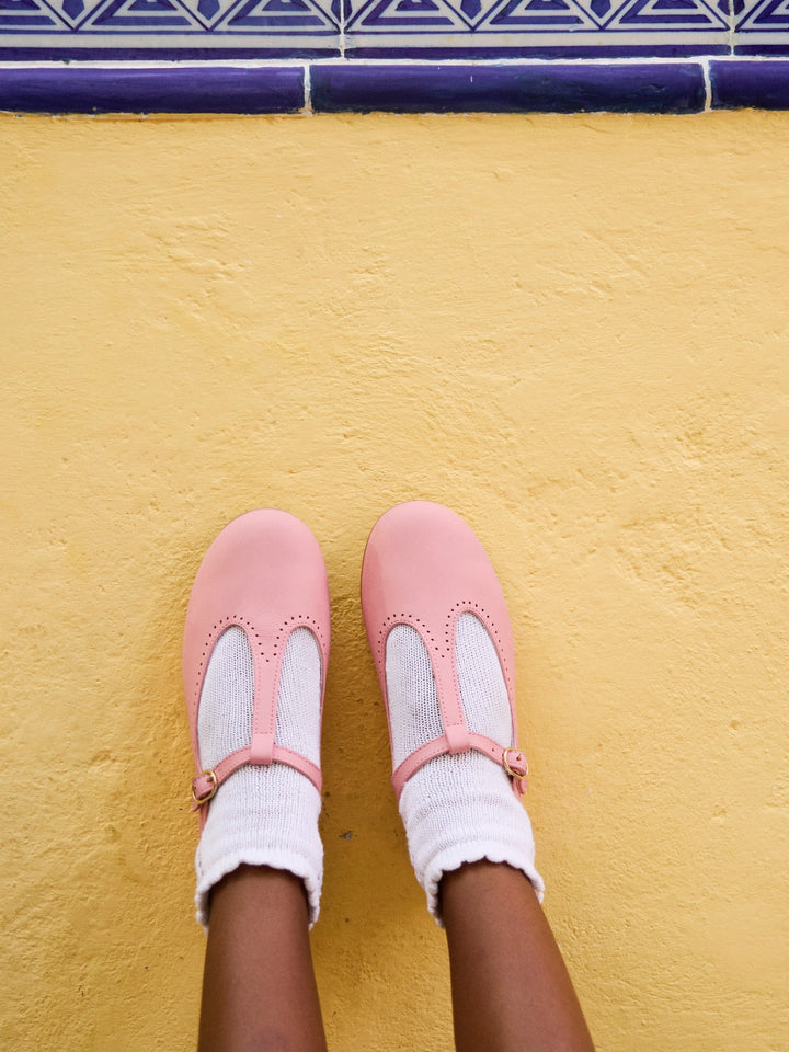 Pink Leather Girl T-Bar Shoes | La Coqueta Kids US
