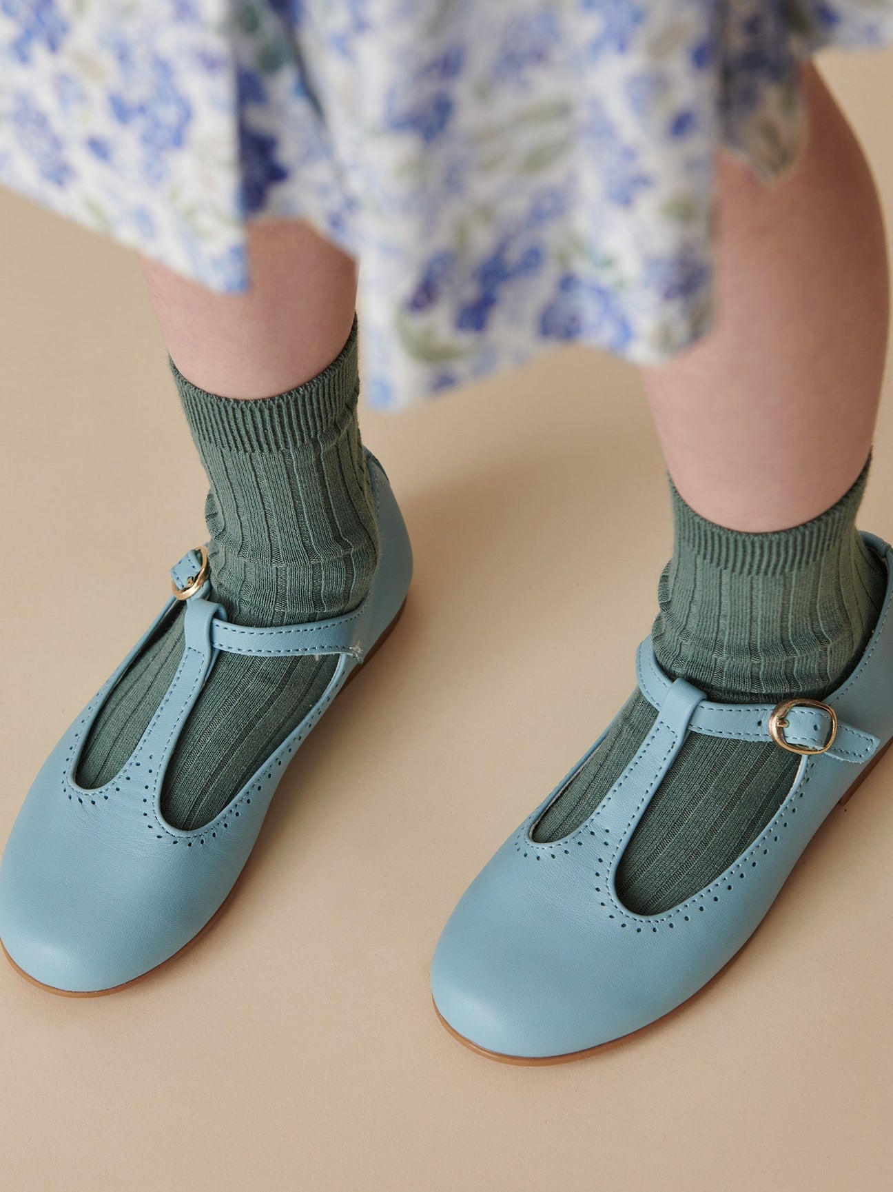Light Blue Leather Girl T-Bar Shoes | La Coqueta Kids UK